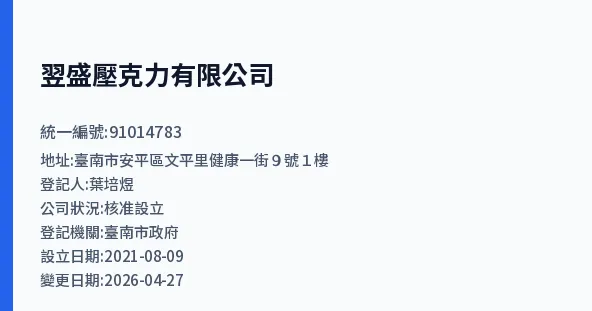 翌盛壓克力有限公司的照片-統編 91014783(臺南市) 公司登記資料與營業項目詳細圖表