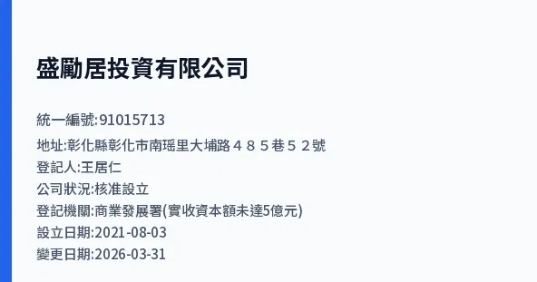 盛勵居投資有限公司的照片-統編 91015713(彰化縣) 公司登記資料與營業項目詳細圖表