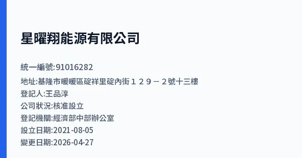 星曜翔能源有限公司的照片-統編 91016282(基隆市) 公司登記資料與營業項目詳細圖表