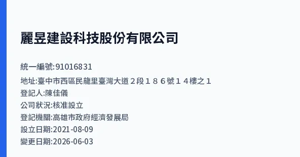 麗昱建設科技股份有限公司的照片-統編 91016831(臺中市) 公司登記資料與營業項目詳細圖表