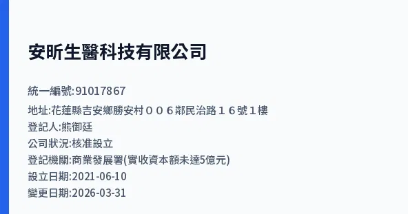 安昕生醫科技有限公司的照片-統編 91017867(花蓮縣) 公司登記資料與營業項目詳細圖表