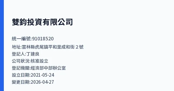 雙鈞投資有限公司的照片-統編 91018520(雲林縣) 公司登記資料與營業項目詳細圖表