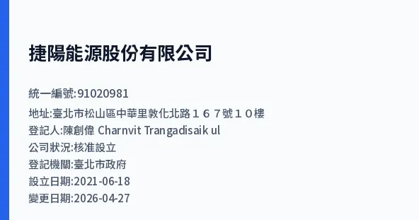 捷陽能源股份有限公司的照片-統編 91020981(臺北市) 公司登記資料與營業項目詳細圖表