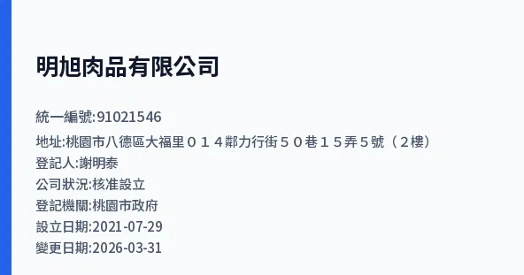 明旭肉品有限公司的照片-統編 91021546(桃園市) 公司登記資料與營業項目詳細圖表