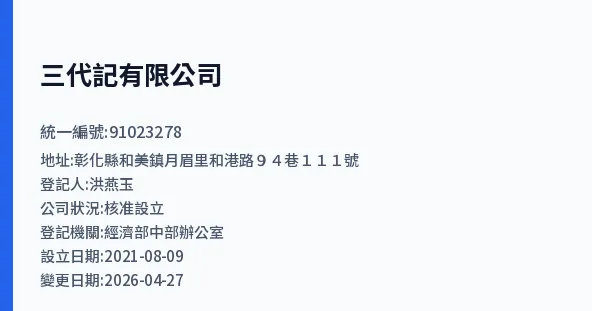 三代記有限公司的照片-統編 91023278(彰化縣) 公司登記資料與營業項目詳細圖表
