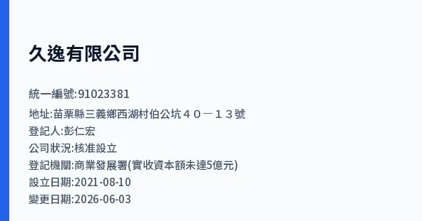 久逸有限公司的照片-統編 91023381(苗栗縣) 公司登記資料與營業項目詳細圖表