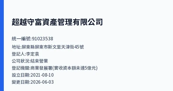 超越守富資產管理有限公司的照片-統編 91023538(屏東縣) 公司登記資料與營業項目詳細圖表