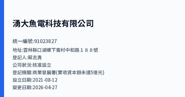 湧大魚電科技有限公司的照片-統編 91023827(雲林縣) 公司登記資料與營業項目詳細圖表