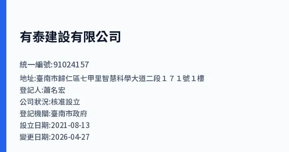 有泰建設有限公司的照片-統編 91024157(臺南市) 公司登記資料與營業項目詳細圖表
