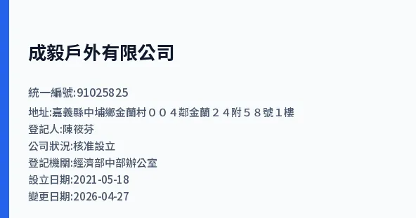 成毅戶外有限公司的照片-統編 91025825(嘉義縣) 公司登記資料與營業項目詳細圖表