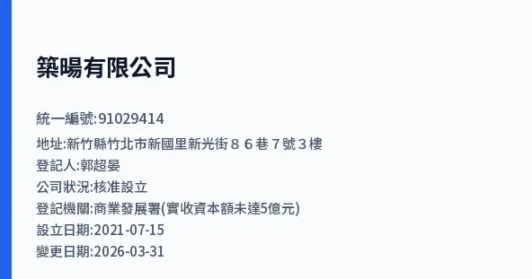 築暘有限公司的照片-統編 91029414(新竹縣) 公司登記資料與營業項目詳細圖表