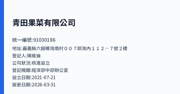 青田果菜有限公司的照片-統編 91030186(嘉義縣) 公司登記資料與營業項目詳細圖表