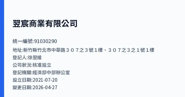 翌宸商業有限公司的照片-統編 91030290(新竹縣) 公司登記資料與營業項目詳細圖表