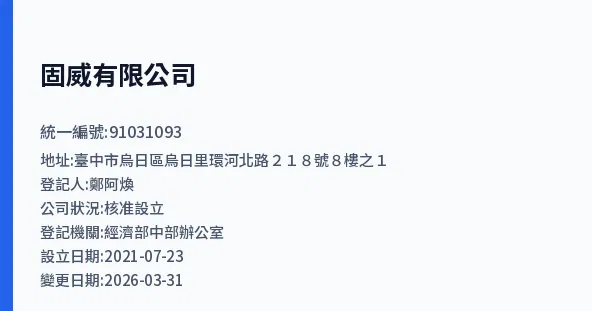 固威有限公司的照片-統編 91031093(臺中市) 公司登記資料與營業項目詳細圖表