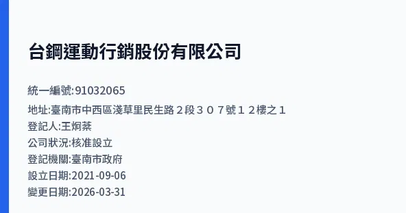 台鋼運動行銷股份有限公司的照片-統編 91032065(臺南市) 公司登記資料與營業項目詳細圖表