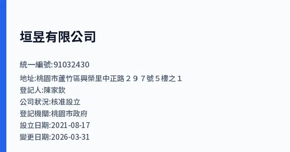 垣昱有限公司的照片-統編 91032430(桃園市) 公司登記資料與營業項目詳細圖表