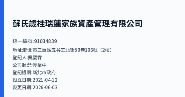 蘇氏歲桂瑞蓮家族資產管理有限公司的照片-統編 91034839(新北市) 公司登記資料與營業項目詳細圖表