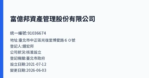 富億邦資產管理股份有限公司的照片-統編 91036674(臺北市) 公司登記資料與營業項目詳細圖表