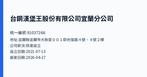 台鋼漢堡王股份有限公司宜蘭分公司的照片-統編 91037266(宜蘭縣) 公司登記資料與營業項目詳細圖表