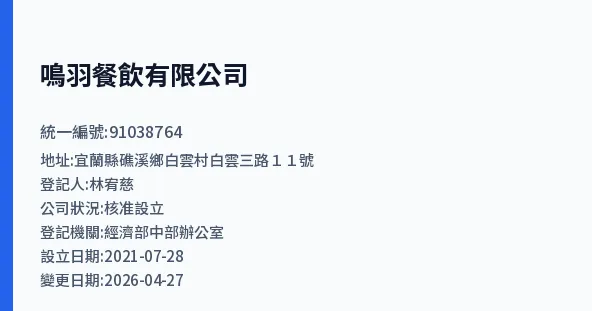鳴羽餐飲有限公司的照片-統編 91038764(宜蘭縣) 公司登記資料與營業項目詳細圖表