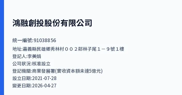 鴻融創投股份有限公司的照片-統編 91038856(嘉義縣) 公司登記資料與營業項目詳細圖表