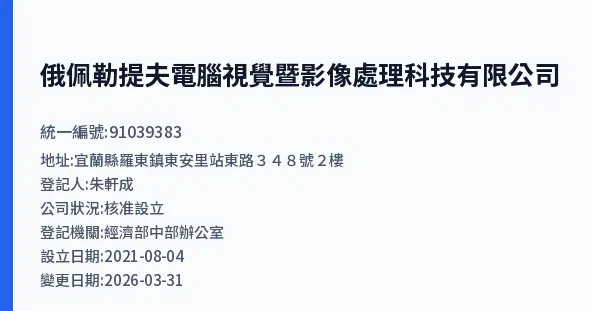 俄佩勒提夫電腦視覺暨影像處理科技有限公司的照片-統編 91039383(宜蘭縣) 公司登記資料與營業項目詳細圖表
