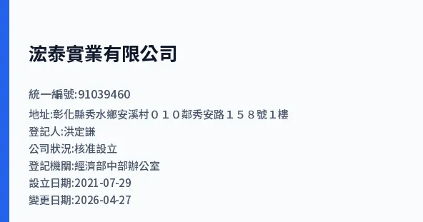 浤泰實業有限公司的照片-統編 91039460(彰化縣) 公司登記資料與營業項目詳細圖表