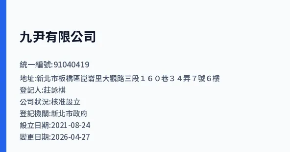 九尹有限公司的照片-統編 91040419(新北市) 公司登記資料與營業項目詳細圖表