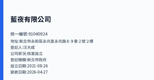 藍夜有限公司的照片-統編 91040924(新北市) 公司登記資料與營業項目詳細圖表