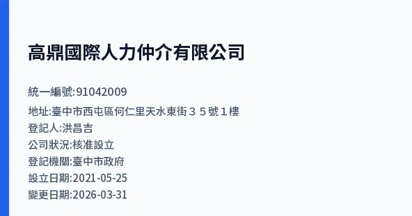 高鼎國際人力仲介有限公司的照片-統編 91042009(臺中市) 公司登記資料與營業項目詳細圖表