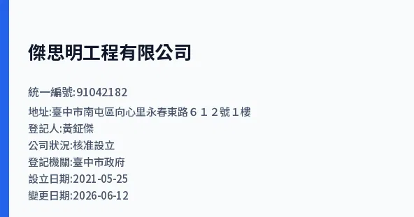 傑思明工程有限公司的照片-統編 91042182(臺中市) 公司登記資料與營業項目詳細圖表