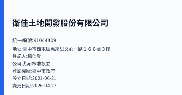衛佳土地開發股份有限公司的照片-統編 91044409(臺中市) 公司登記資料與營業項目詳細圖表