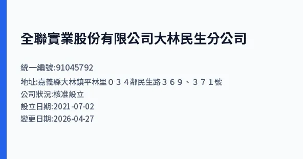 全聯實業股份有限公司大林民生分公司的照片-統編 91045792(嘉義縣) 公司登記資料與營業項目詳細圖表
