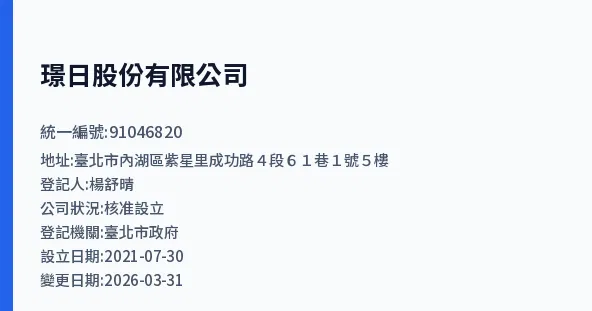 璟日股份有限公司的照片-統編 91046820(臺北市) 公司登記資料與營業項目詳細圖表