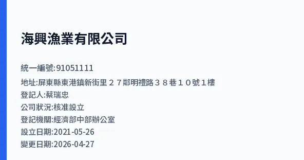 海興漁業有限公司的照片-統編 91051111(屏東縣) 公司登記資料與營業項目詳細圖表