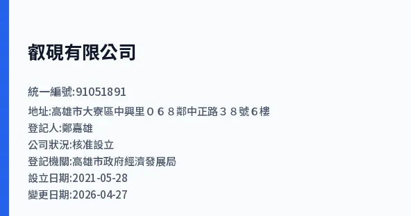 叡硯有限公司的照片-統編 91051891(高雄市) 公司登記資料與營業項目詳細圖表