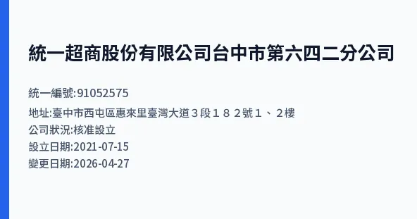 統一超商股份有限公司台中市第六四二分公司的照片-統編 91052575(臺中市) 公司登記資料與營業項目詳細圖表