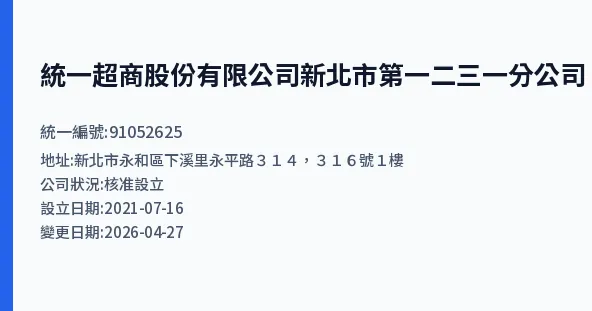 統一超商股份有限公司新北市第一二三一分公司的照片-統編 91052625(新北市) 公司登記資料與營業項目詳細圖表