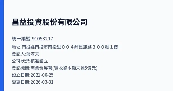 昌益投資股份有限公司的照片-統編 91053217(南投縣) 公司登記資料與營業項目詳細圖表