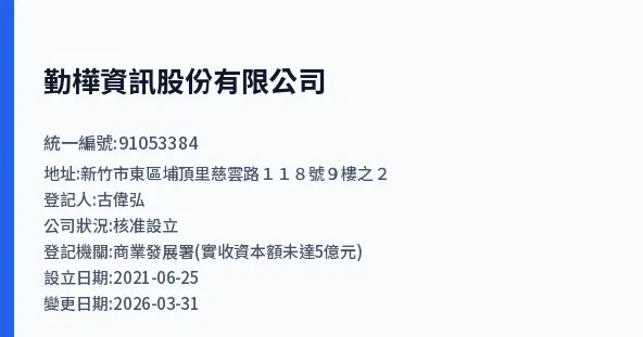 勤樺資訊股份有限公司的照片-統編 91053384(新竹市) 公司登記資料與營業項目詳細圖表