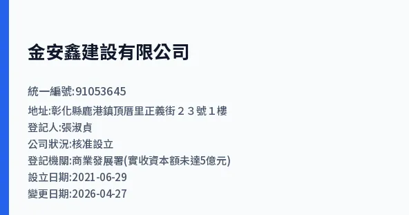 金安鑫建設有限公司的照片-統編 91053645(彰化縣) 公司登記資料與營業項目詳細圖表