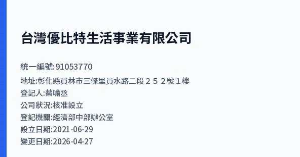 台灣優比特生活事業有限公司的照片-統編 91053770(彰化縣) 公司登記資料與營業項目詳細圖表