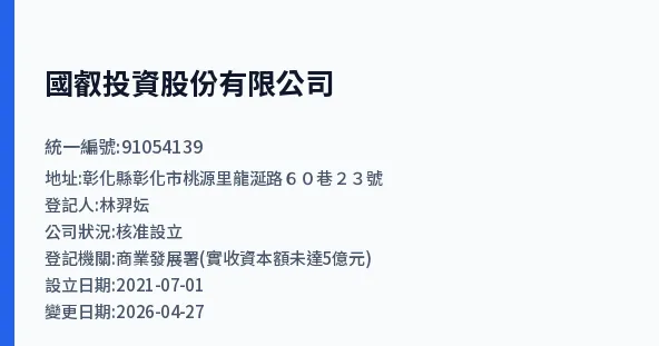 國叡投資股份有限公司的照片-統編 91054139(彰化縣) 公司登記資料與營業項目詳細圖表