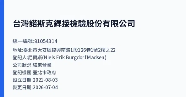 台灣諾斯克銲接檢驗股份有限公司的照片-統編 91054314(臺北市) 公司登記資料與營業項目詳細圖表