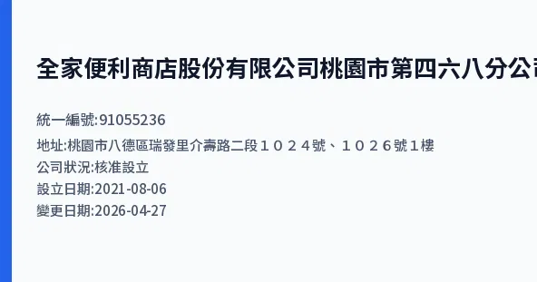 全家便利商店股份有限公司桃園市第四六八分公司的照片-統編 91055236(桃園市) 公司登記資料與營業項目詳細圖表