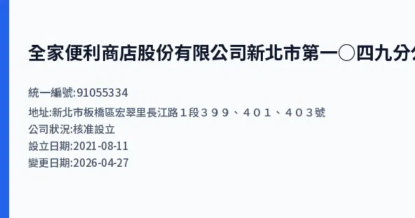 全家便利商店股份有限公司新北市第一○四九分公司的照片-統編 91055334(新北市) 公司登記資料與營業項目詳細圖表