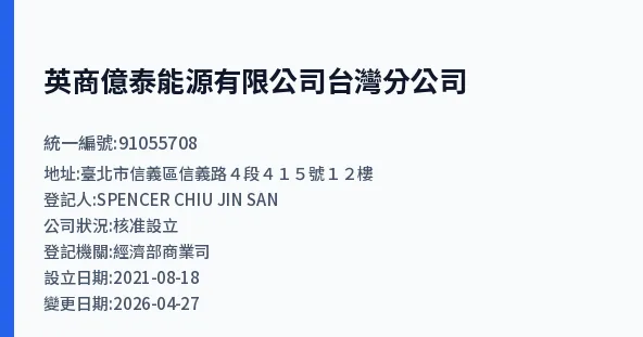 英商億泰能源有限公司台灣分公司的照片-統編 91055708(臺北市) 公司登記資料與營業項目詳細圖表