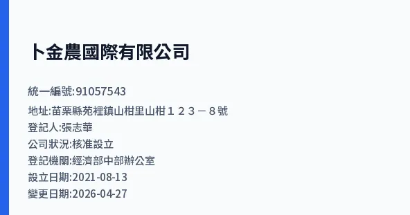 卜金農國際有限公司的照片-統編 91057543(苗栗縣) 公司登記資料與營業項目詳細圖表