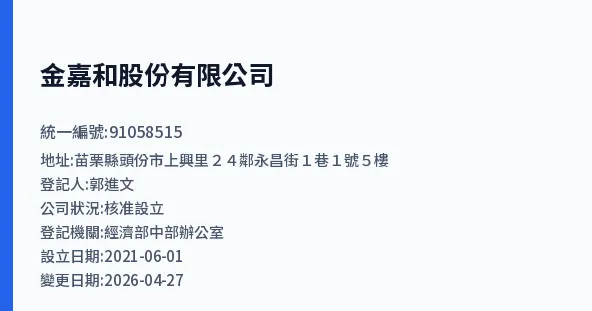 金嘉和股份有限公司的照片-統編 91058515(苗栗縣) 公司登記資料與營業項目詳細圖表