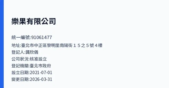 樂果有限公司的照片-統編 91061477(臺北市) 公司登記資料與營業項目詳細圖表